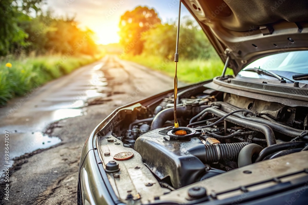 Damaged car engine leaking oil into the ground, causing harm to the ...