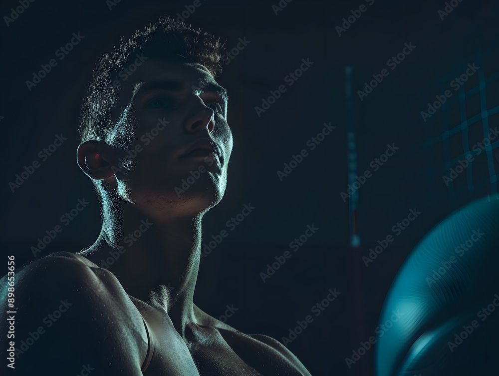 portrait of male volleyball player emphasizes his intense concentration ...