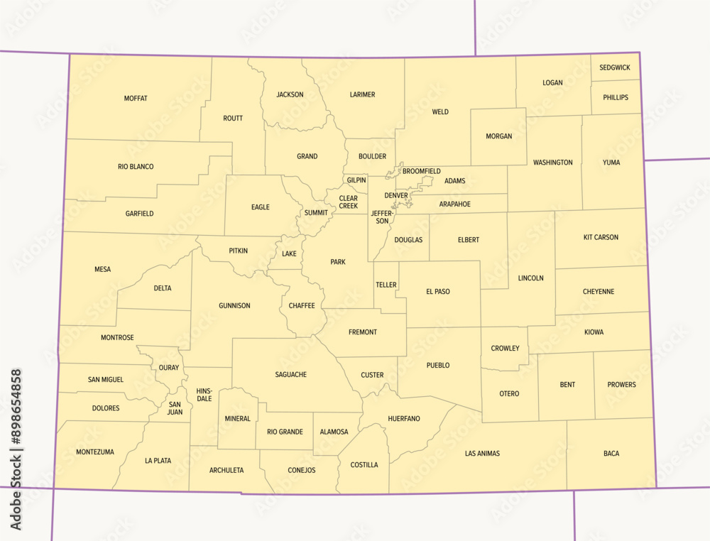 Colorado counties, political map with borders and county names. State ...