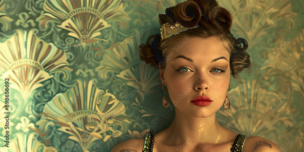 Golden Age Goddess: A stunning pin-up model, her hair styled in perfect ...
