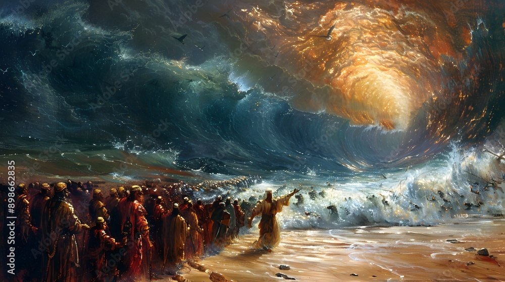 A dramatic scene depicting a crowd witnessing a miraculous parting of ...