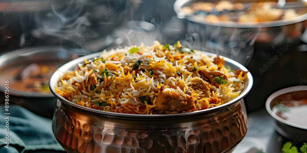 Foto de Chicken biryani in a traditional Indian cooking pot. Concept ...