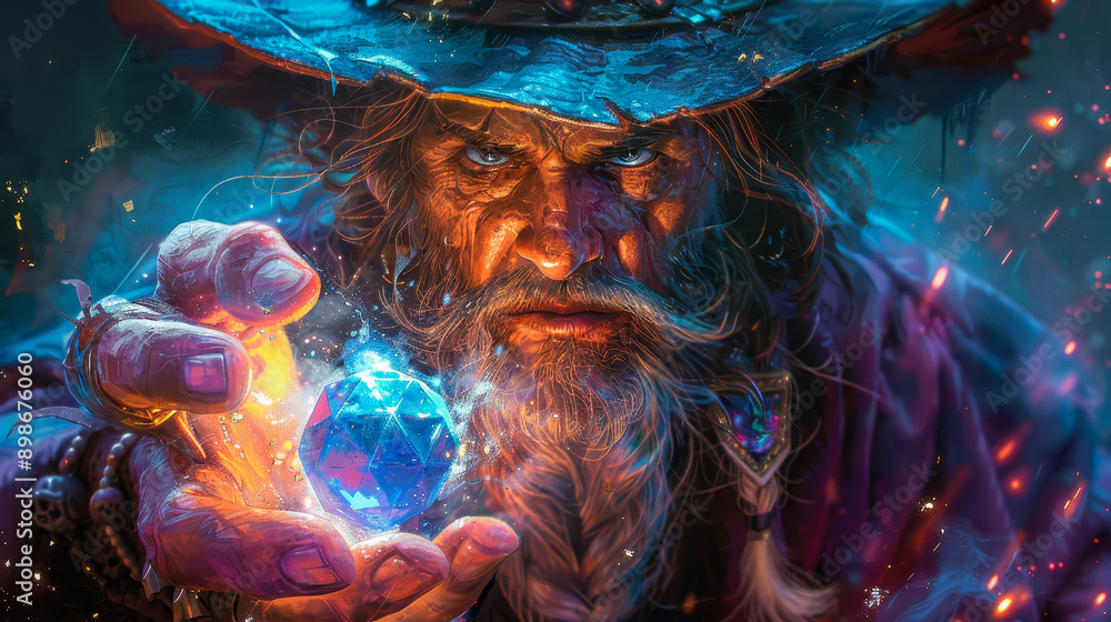 Angry Sorcerer Conjuring Evil Spirits with Magic Gem in Hand, Dark ...