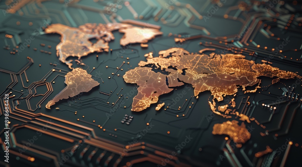 vibrant digital map of the world overlayed on a circuit board ...