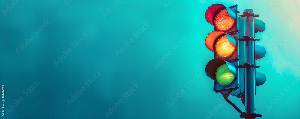 Traffic light on blue background with copy space. Close up glowing ...