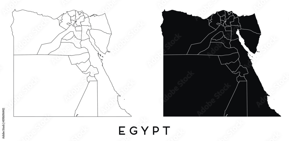 Egypt map of regions districts vector black on white and outline Stock ...