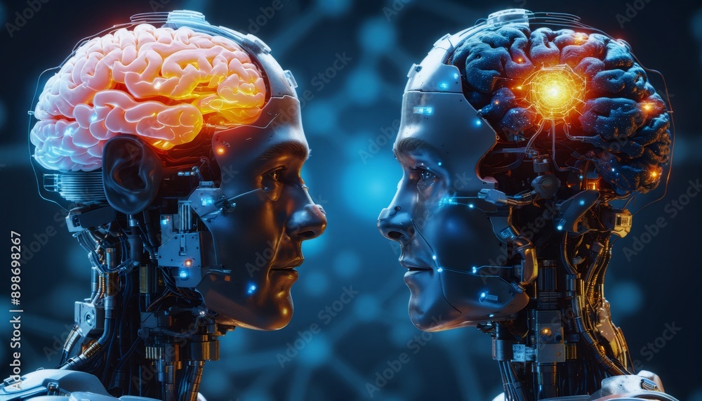 central neural network visualization, human brain in detailed close-up ...