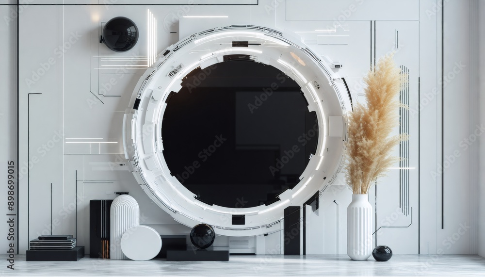futuristic vector art frame, white on black, rounded corners, cross ...