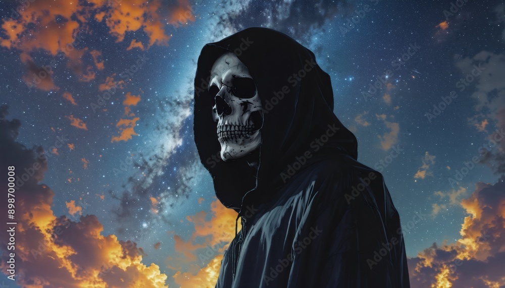 dark skull silhouette against a brilliant night sky full of stars, the ...