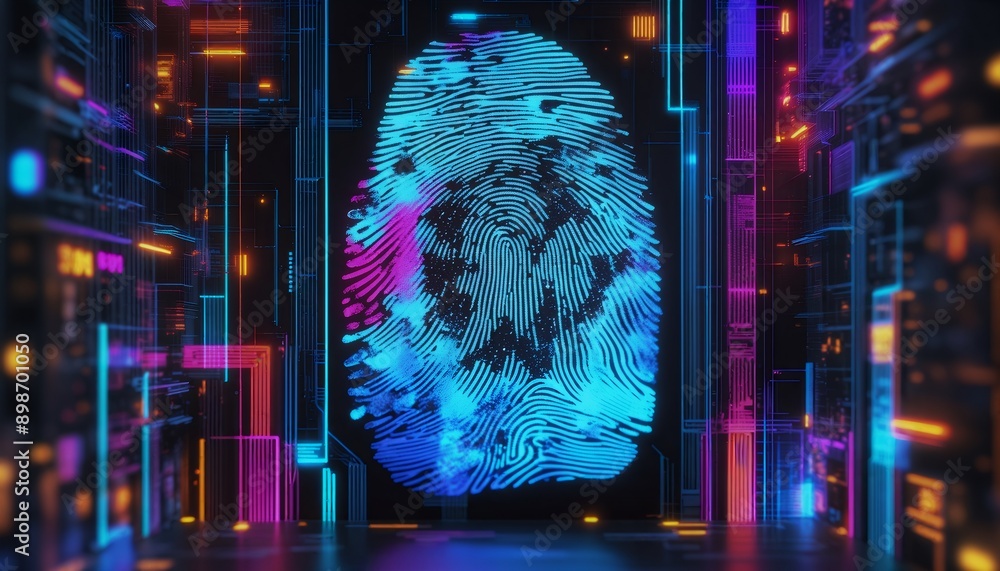 illuminated sky-blue fingerprint icon on a dark black mesh layer ...