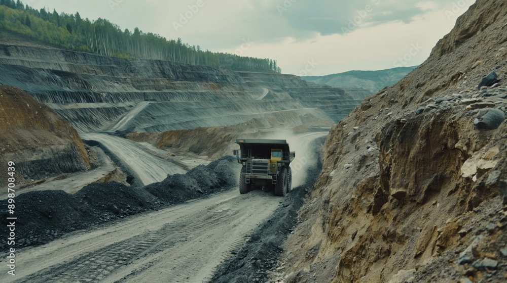 Huge heavy mining dump truck, open pit coal mining, panorama pit coal ...