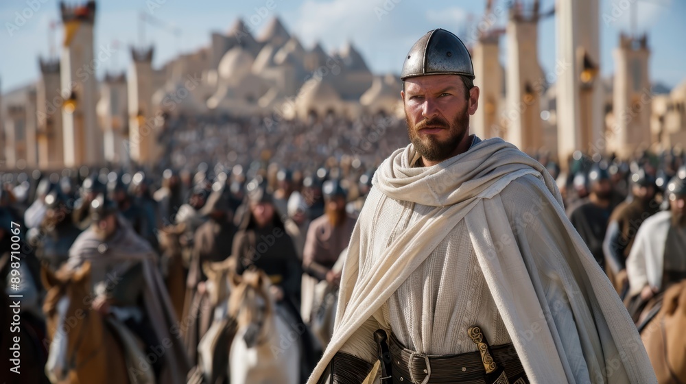 A determined warrior in medieval attire, donning a helmet and cloak ...