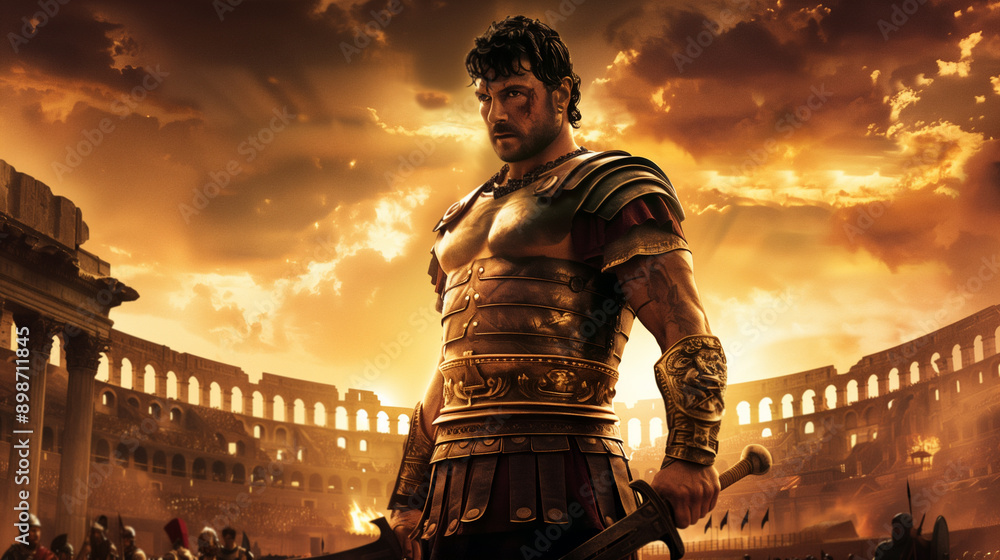 Roman gladiator in an ancient coliseum with golden sunset backdrop and ...