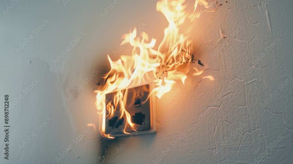 Electrical outlet catching fire on a wall with peeling paint due to ...