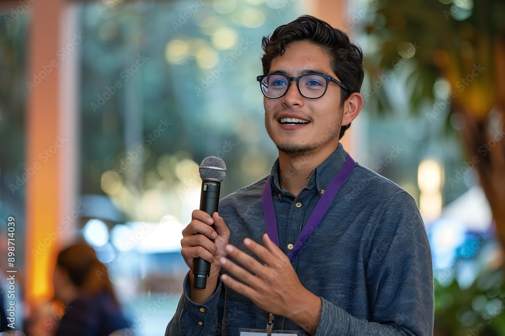Full body photo of male Hispanic speaker presenting using microphone at ...