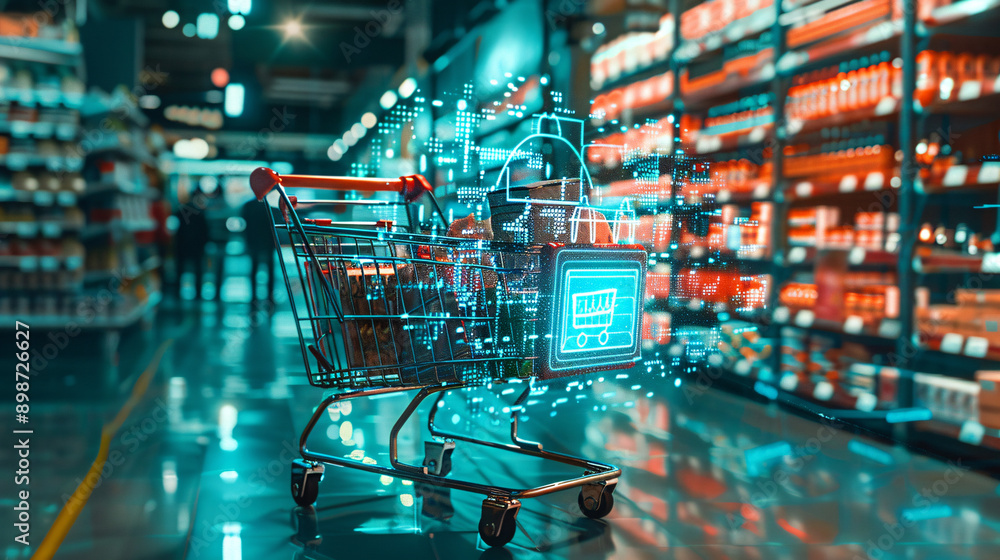 Realistic view of a digital shopping cart filled with virtual products ...