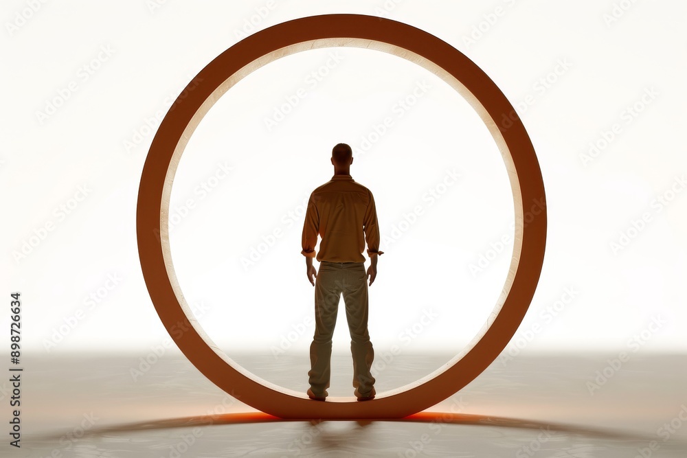 Silhouette of a person standing inside a large circular frame ...