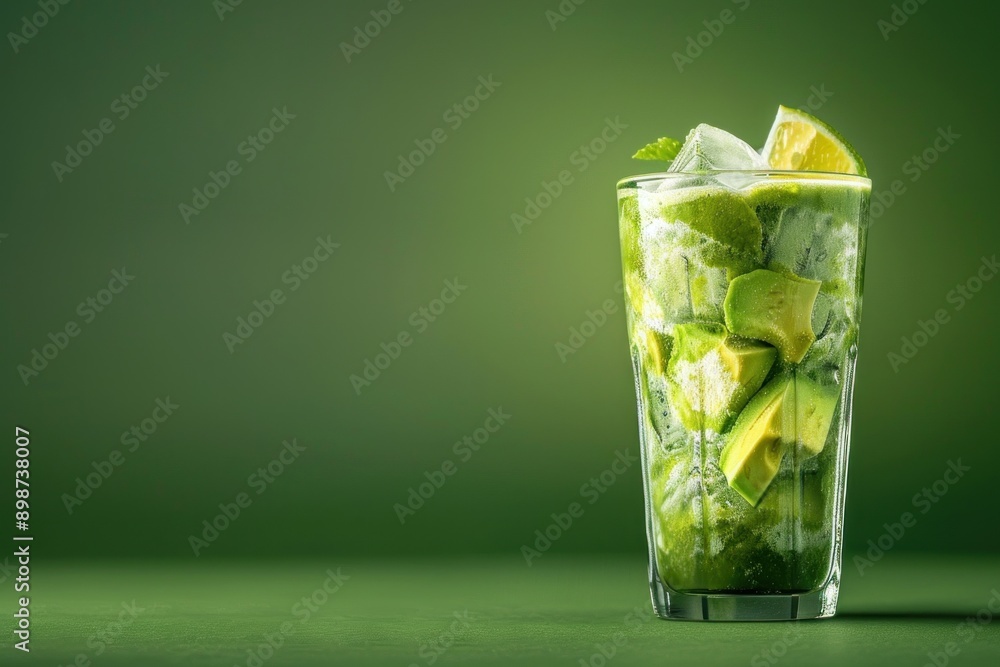 Avocado chunks and ice cubes in a glass of avocado smoothie, Dark green ...