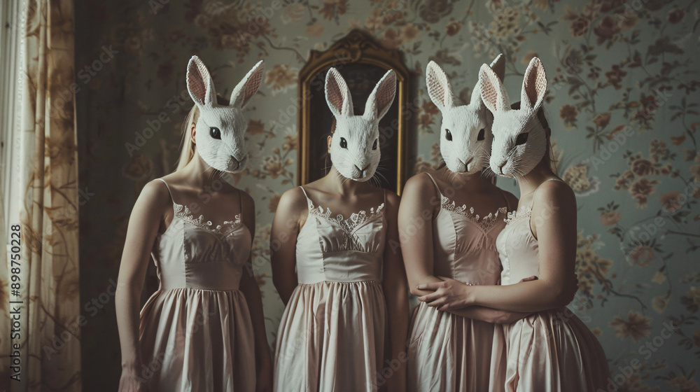 Four young women in vintage-style room wearing white rabbit masks ...