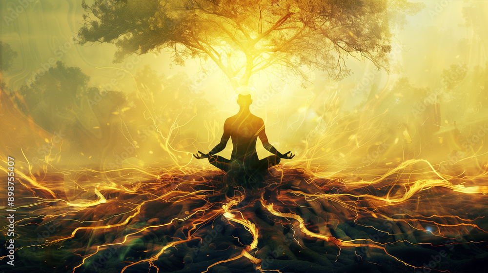 spiritual meditation illustration. connection to earth and universe ...