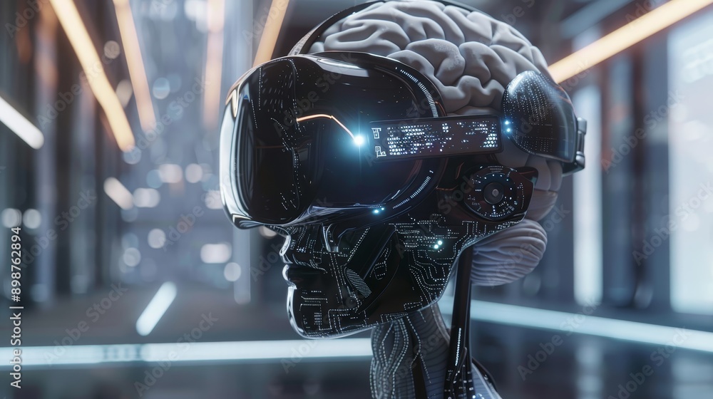 The image depicts a humanoid robot wearing a VR headset with a visible ...