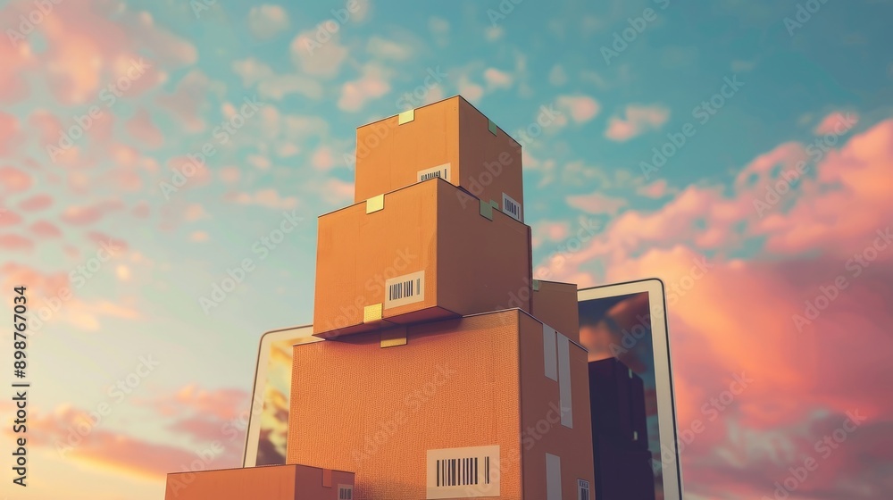 A stack of cardboard boxes on top of a laptop computer, symbolizing ...