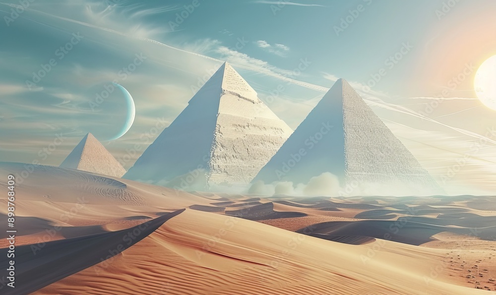 Surreal desert with shifting dunes and floating pyramids, combining ...
