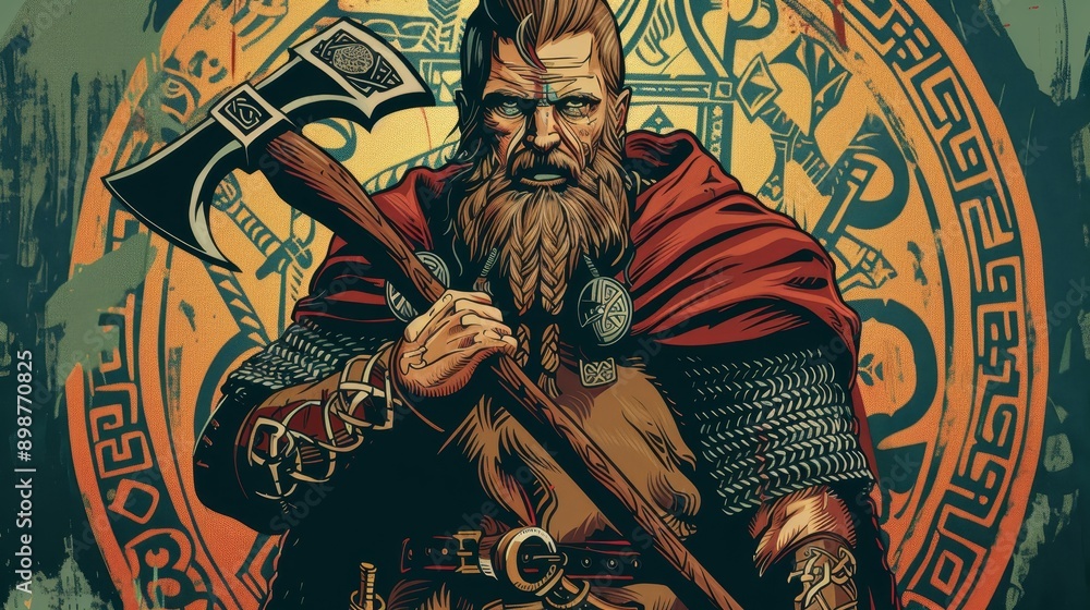 A fierce Viking warrior with a long beard, holding an axe, stands in ...