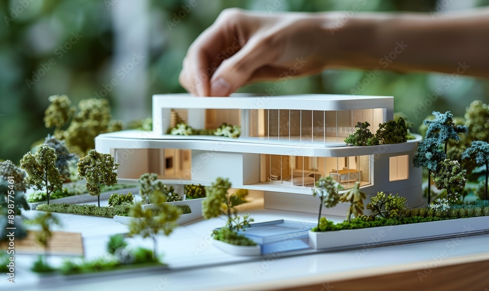 image of a person's hand adjusting a detailed architectural model of a ...