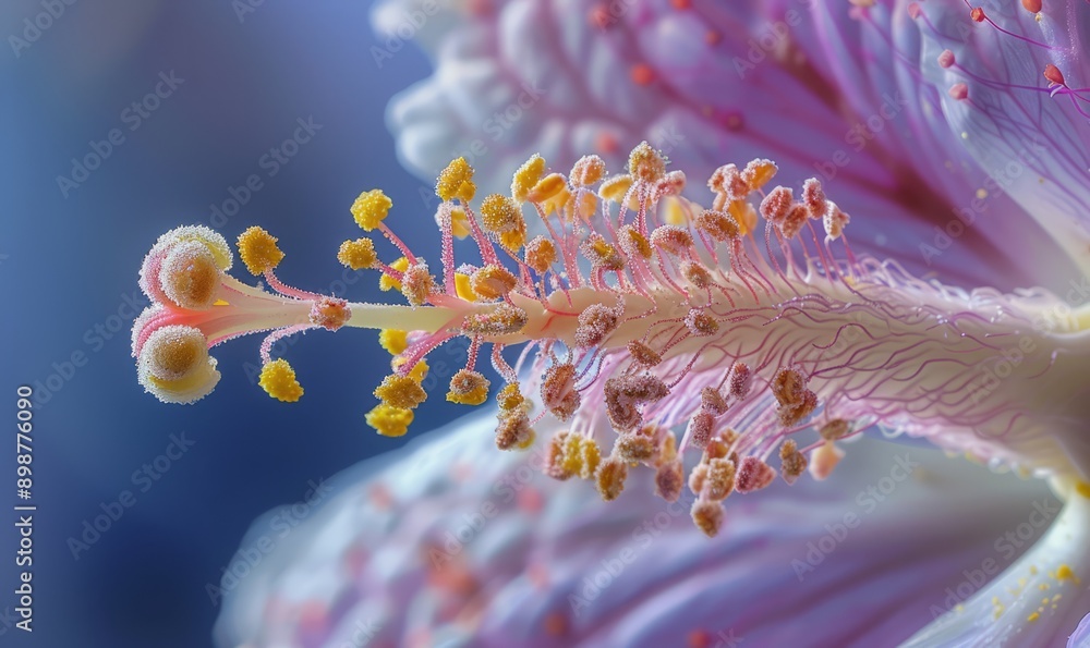 Enlarged section of the flower stamen showing the pollen-covered anther ...