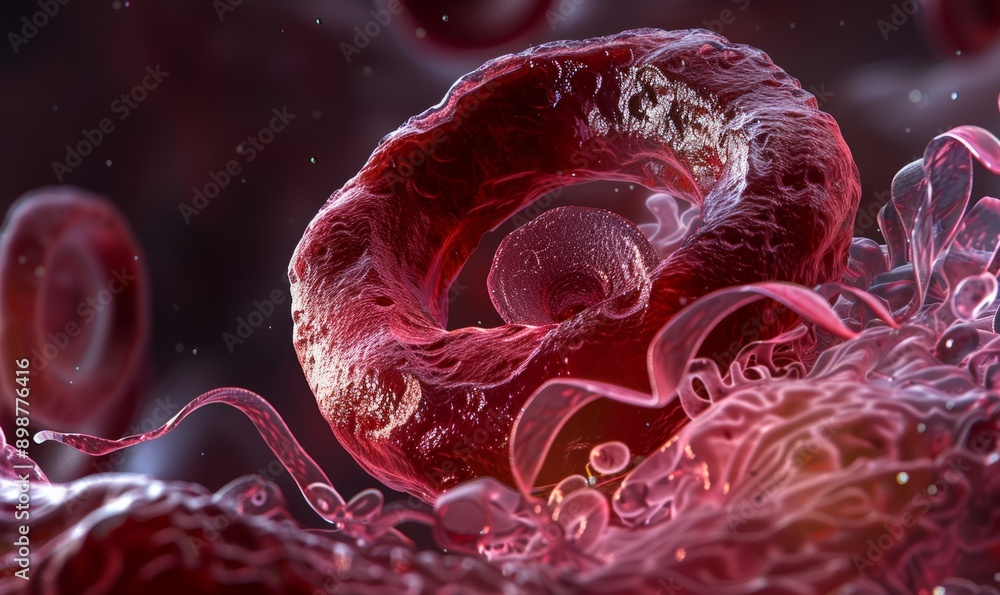 Microscopic view of a red blood cell, displaying its biconcave shape ...
