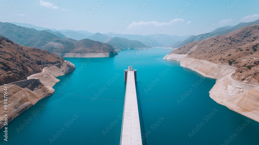Top view of an expansive dam structure with a vast reservoir nestled in ...