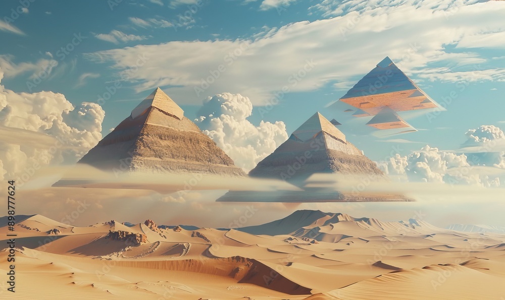 Surreal desert with shifting dunes and floating pyramids, combining ...