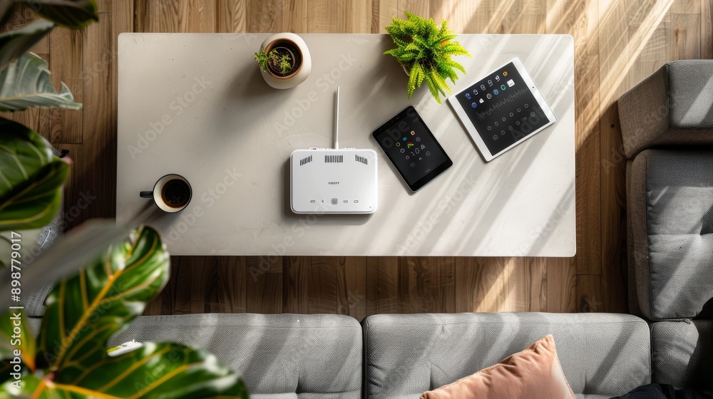 A modern wifi router sits on a sleek coffee table in a smart home. The ...