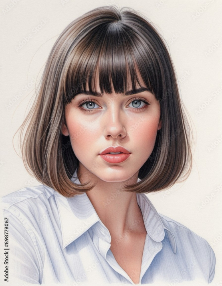 Portrait of girl or young woman, soft expression. Bob hairstyle. Brown ...