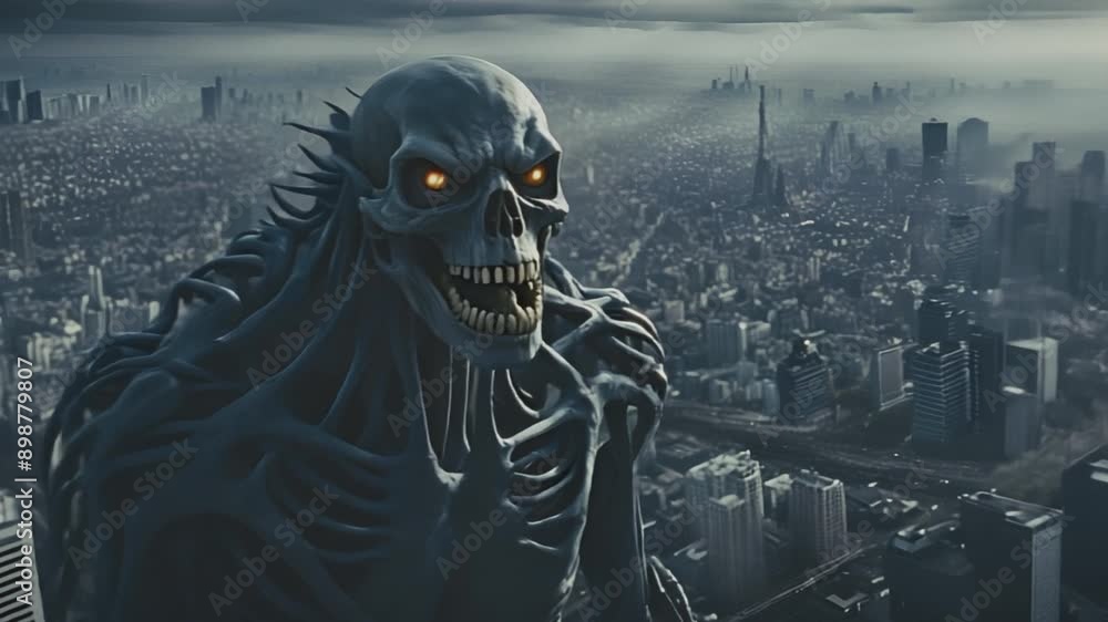 Giant, skull-headed monster towering over burning city. Fantasy, sci-fi ...