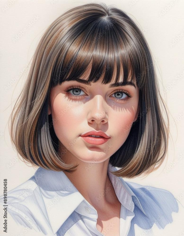 Portrait of girl or young woman, soft expression. Bob hairstyle. Brown ...