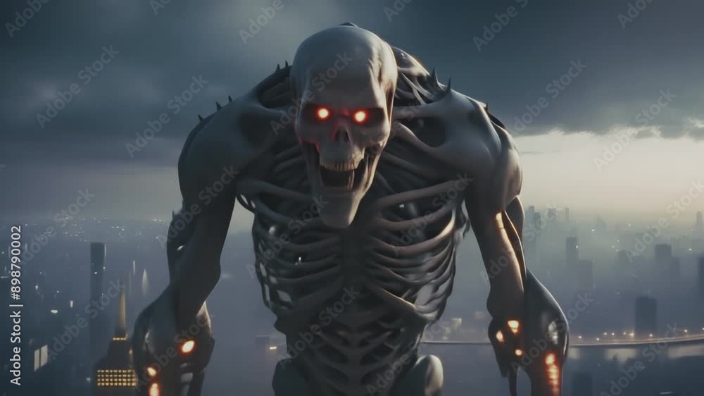 Skeleton giant monster with red glowing eyes, towering over the city ...