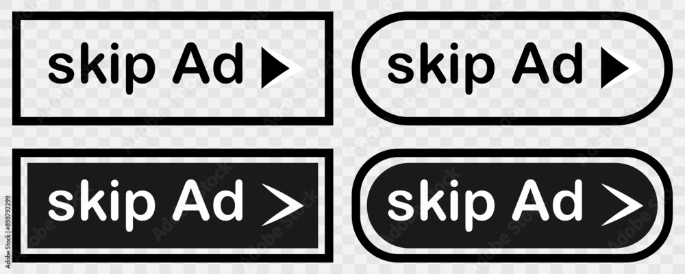 Set of Skip ad black vector button. Black advertisement icon, Skip ads ...