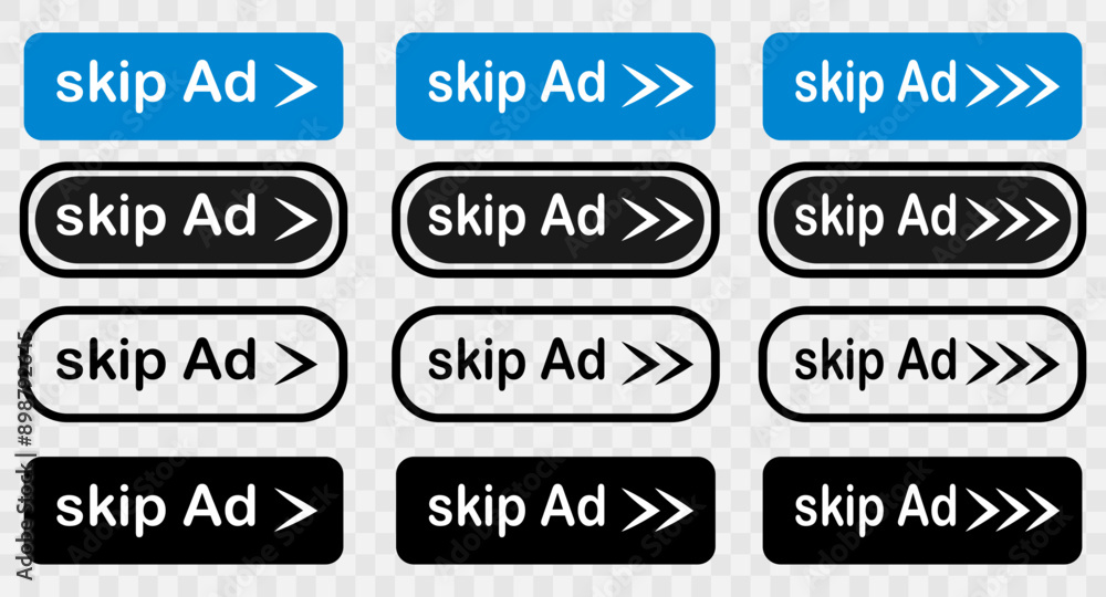 Set of Skip ad black vector button. Black advertisement icon, Skip ads ...