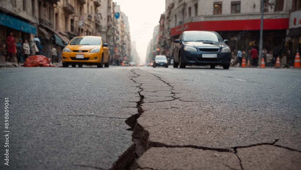 City road cracked and damaged after earthquake. Broken asphalt road ...