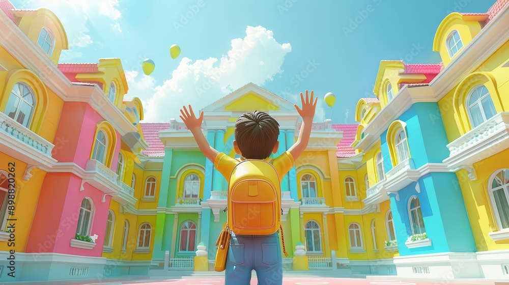 3D model of a cheerful child waving goodbye to their parents on the ...