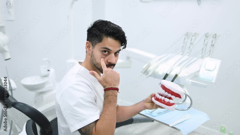 Dentist demonstrating tooth brushing with jaw model in modern dental ...
