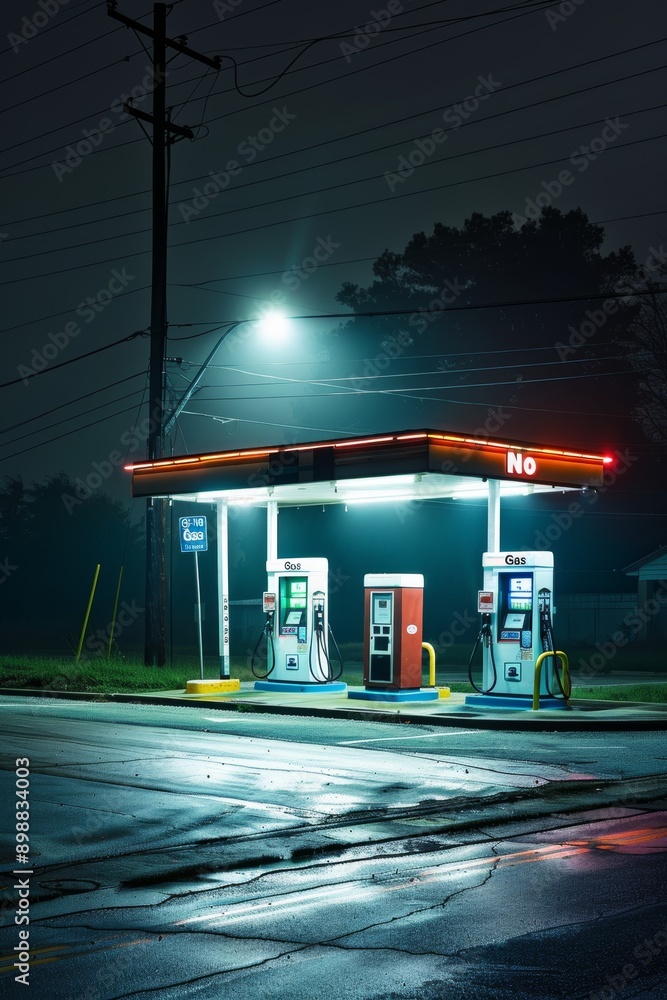 Desolate Empty Gas Station at Night with No Gas Signs and Streetlight ...
