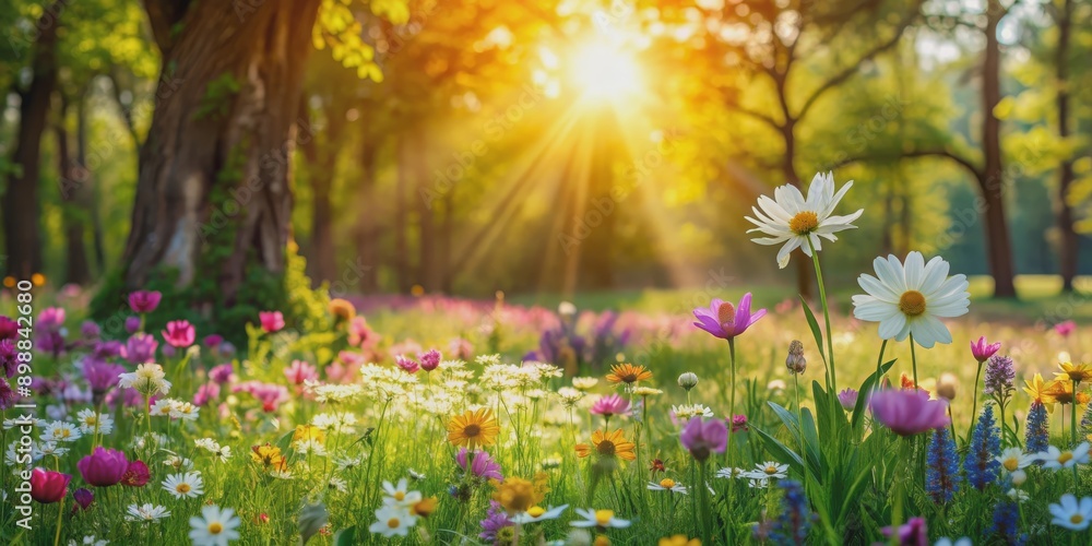 Beautiful flowers in a meadow among trees in rays of light, rendering ...