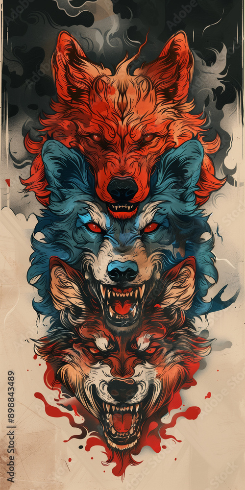 Vibrant digital art featuring fierce wolves with vivid colors and ...