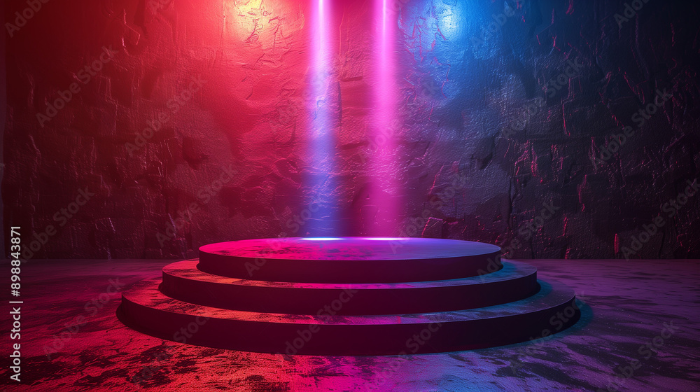 Abstract neon-lit stage with red and blue lights in an empty room ...