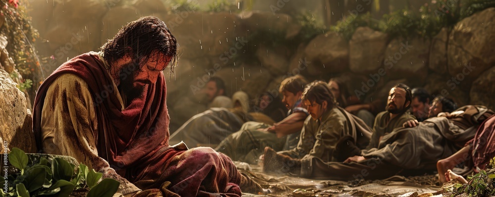 Depiction of Jesus Christ in the Garden of Gethsemane with Disciples ...