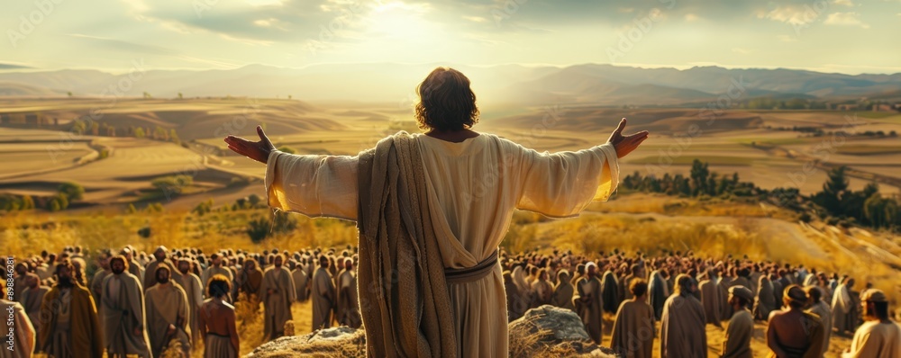 Jesus Christ Preaching the Sermon on the Mount to a Large Crowd in a ...