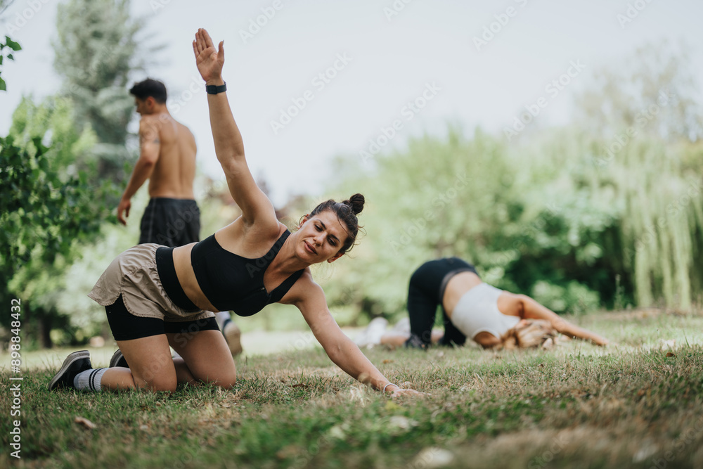 People participating in an outdoor workout session in a park. The image ...